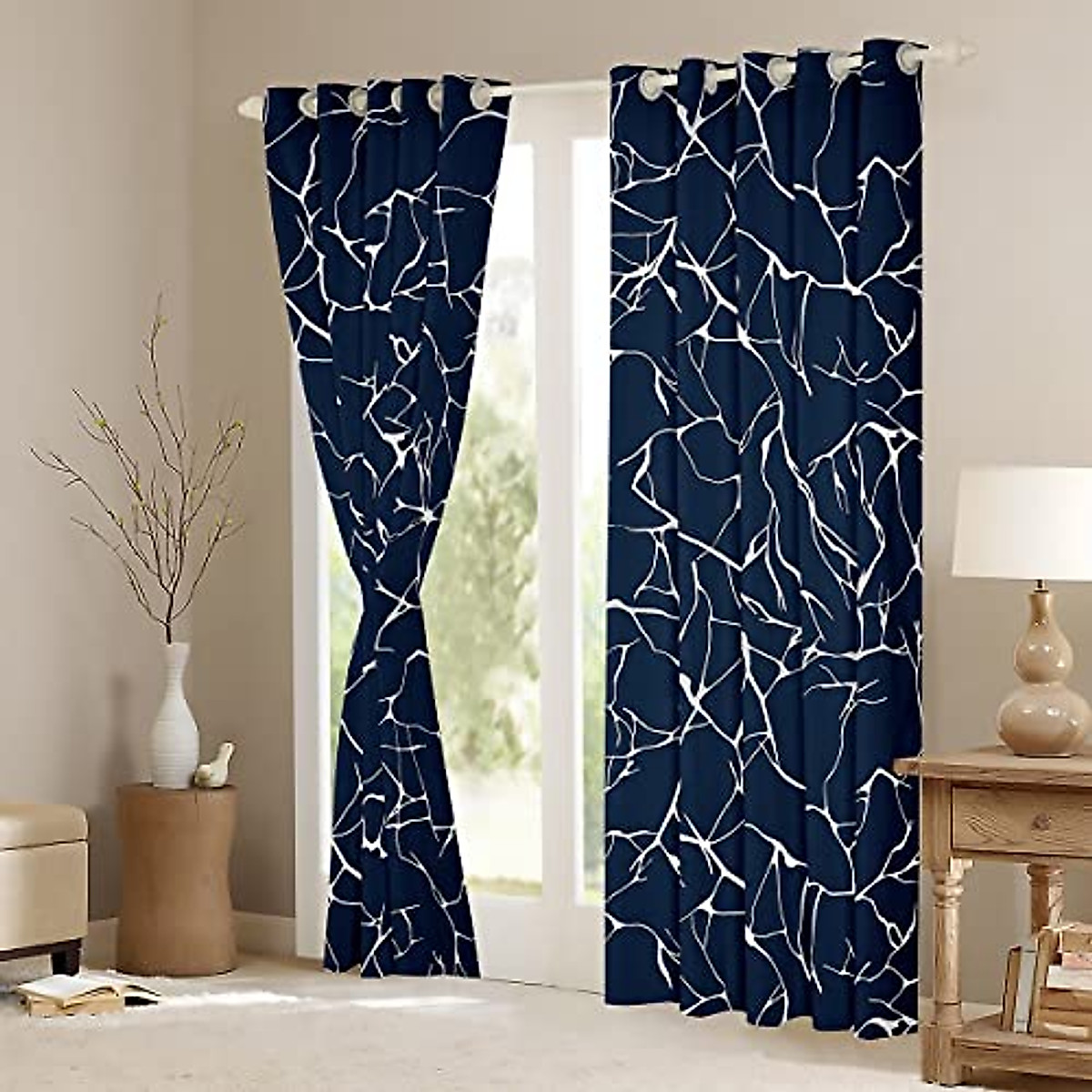 Erosebridal Silver Metallic Marble Blackout Curtains 104"X84" Navy Blue Silver Glitter Curtains,Abstract Marble Texture Design Curtains & Drapes Marble Home Decor