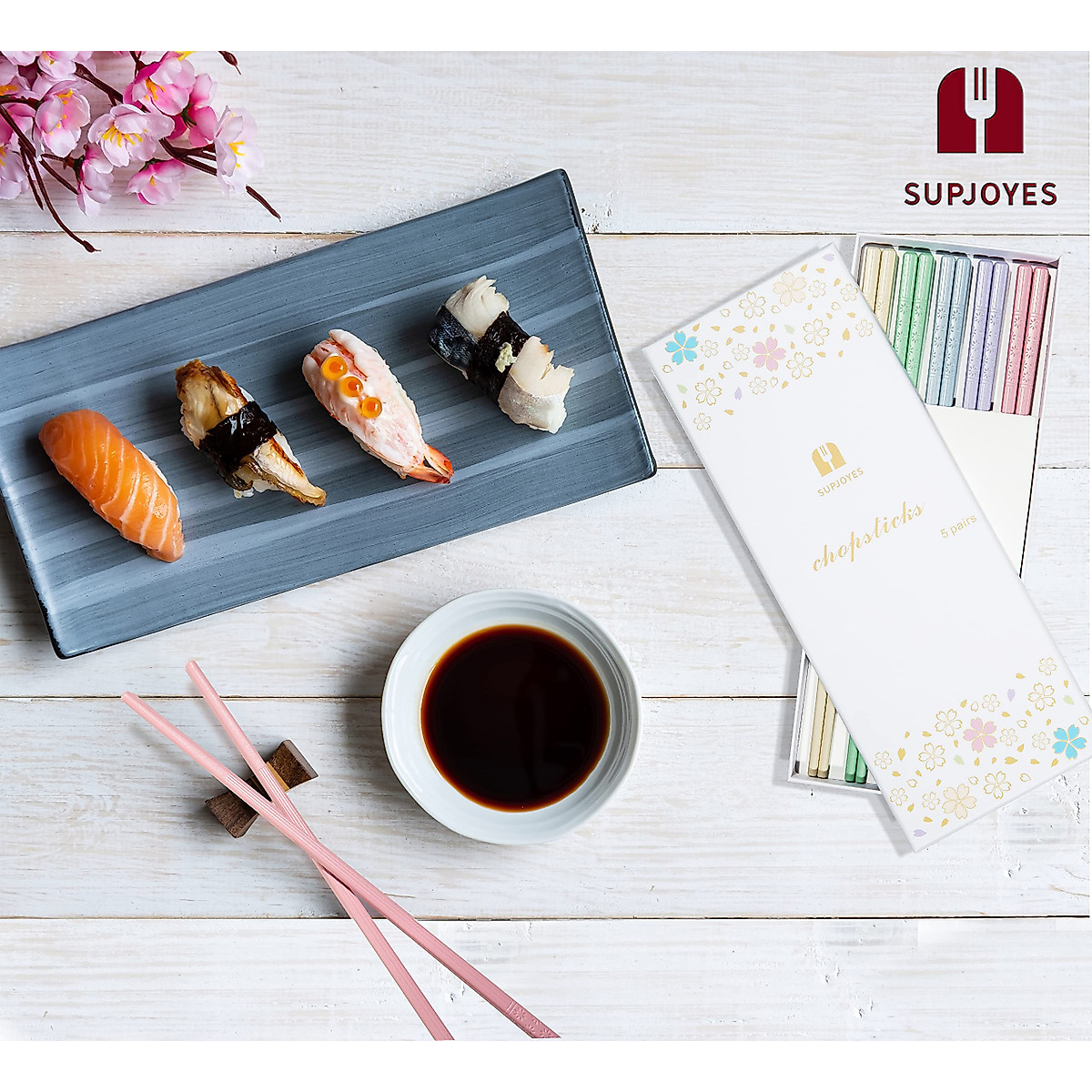 SUPJOYES 5 Pairs Fiberglass Chopsticks, Multicolor Reusable Chop Sticks Japanese Style, Non-Slip Chopsticks Gift Set Dishwasher Safe, 9 1/2 Inches