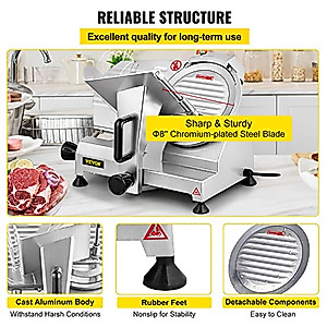 VEVOR Commercial Meat Slicer, 200W Electric Deli Food Slicer, 1200RPM Meat Slicer with 8“ Chromium-plated Steel Blade, 0-12mm Adjustable Thickness for Home & Commercial Use (8IN-200W)