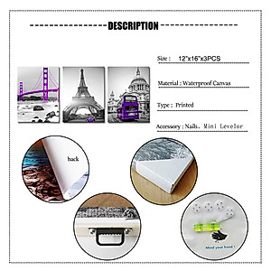 3 Piece Eiffel Tower Painting Canvas Wall Art Golden Gate Bridge Picture St Paul's Cathedral Poster Prints Gray White Purple Artwork for Living Bathroom Bedroom Home Decor Easy to Hang 12"x16"x3PCS