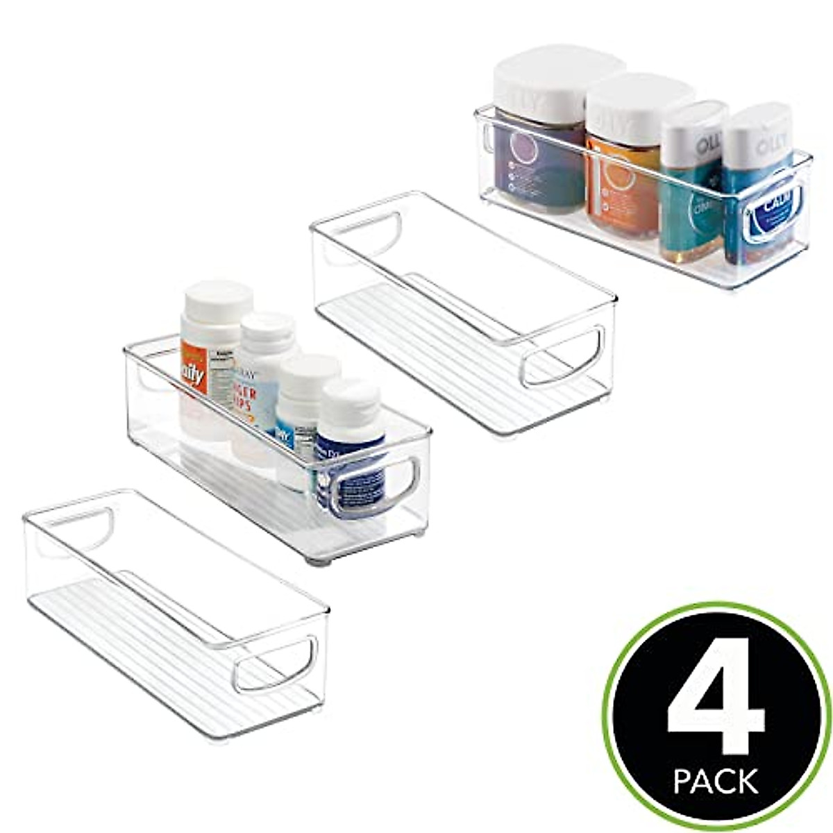 mDesign Small Plastic Bathroom Storage Container Bins with Handles for Organization in Closet, Cabinet, Vanity or Cupboard Shelf, Accessory Organizer for Hair Tools - Ligne Collection - 4 Pack - Clear