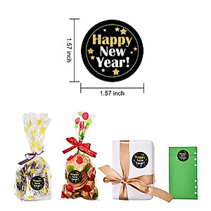 Happy New Year Stickers Seals Gold Labels - (Pack of 120) 1.57" Large Round Gold Foil Stickers Stamping on Black for New Year Cards Gift Envelopes Boxes