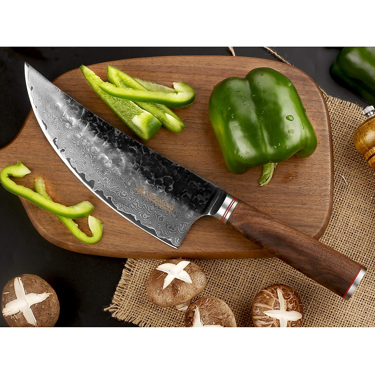 YOUSUNLONG Cleaver Knife 8 Inch（205mm） Butcher Knife Japanese Hammered Damascus Steel Natural Walnut Wooden Handle with Leather Sheath