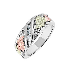 10k White Gold Diamond 7.24mm Wedding Ring, 12k Rose and Green Black Hills Gold Size 7.5
