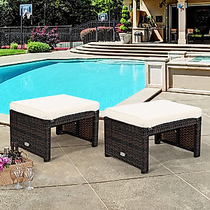 Tangkula 2 Pieces Patio Rattan Ottomans, All Weather Outdoor Footstool Footrest Seat with Soft Cushion, Hidden Zipper, High-Density Sponge, Wicker Ottoman Seat for Patio, Garden, Poolside (White)