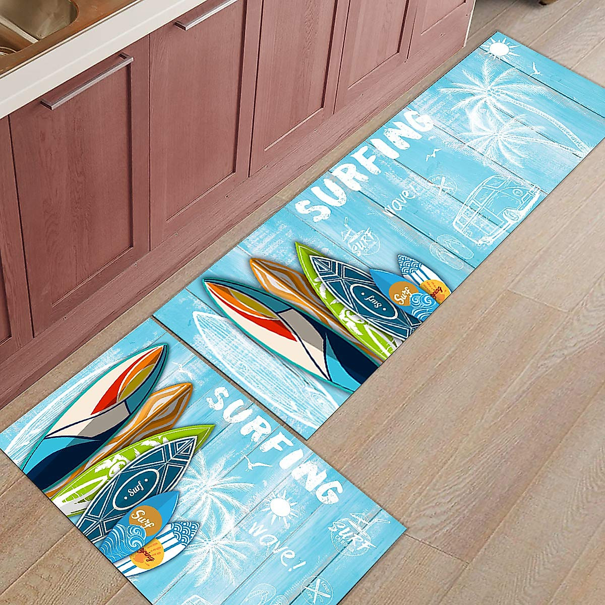 Z&L Home Summer Seaside Surfboard Palm Trees Kitchen Rug Sets 2 Piece Floor Mat Non-Slip Rubber Backing Area Runners Door Mats, Blue and White Wooden Texture Indoor Washable Carpet