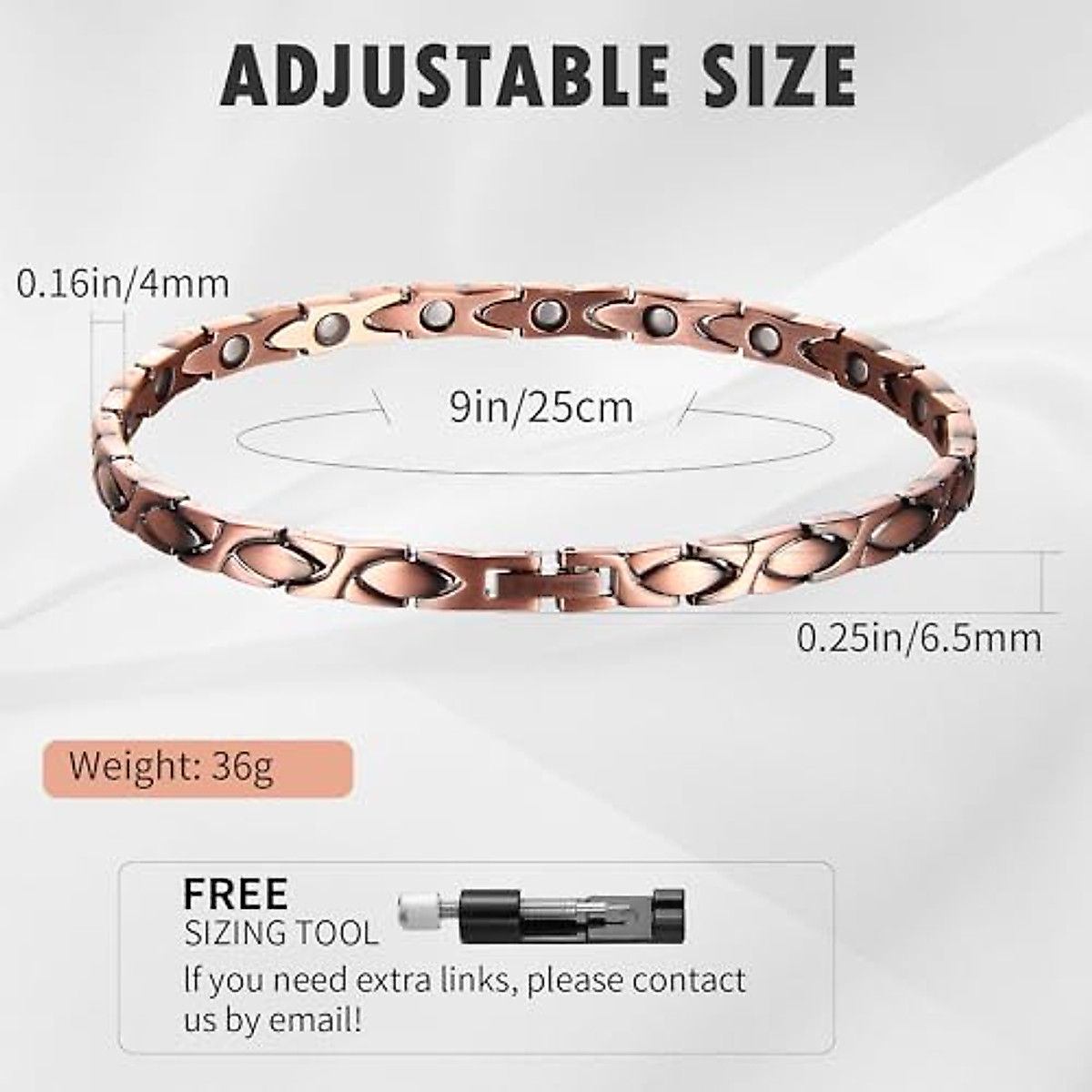 MagEnergy Copper Bracelet Anklet For Women 9 inches Adjustable Ankle Bracelet for Lymphatic Drainage Jewelry Box with Sizing Tool (XO)