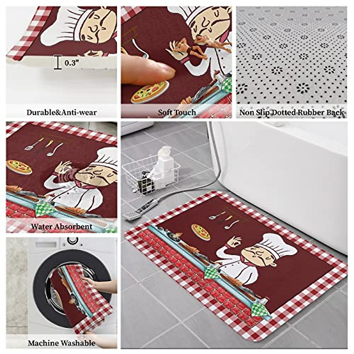 Red Plaid Kitchen Mats and Rugs, Anti-Slip Kitchen Floor Mats, Water Absorbent Comfort Memory Foam Standing Mats for Office, Sink, Laundry, Kitchen Chef and Cooking Utensils Art Prints