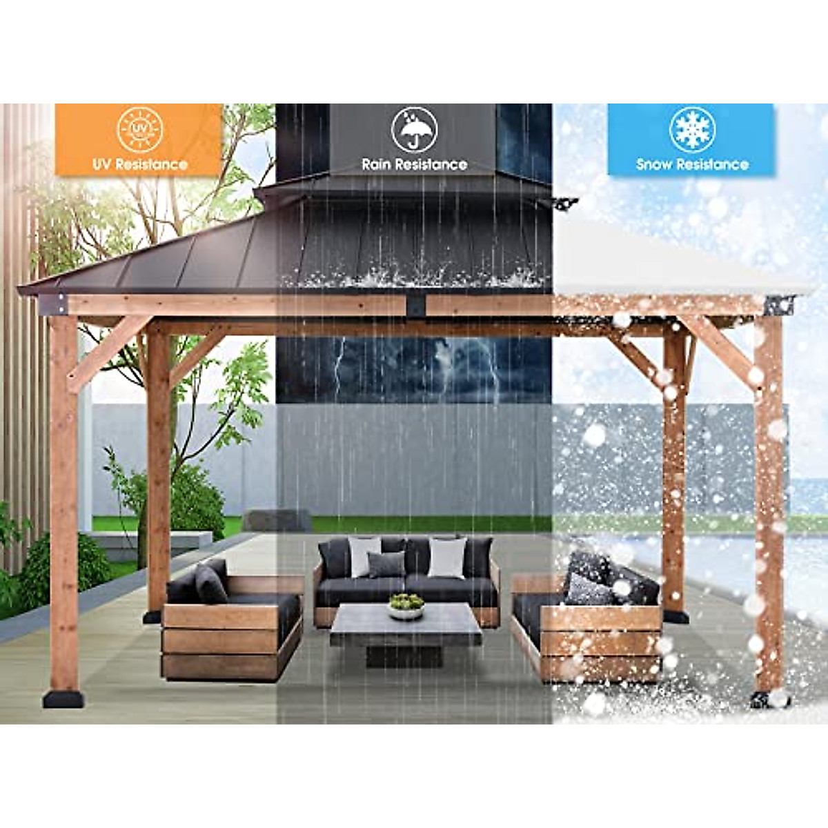 ABCCANOPY Wood Gazebo 11x13 - Outdoor Patio Wooden Gazebo with Hardtop Metal Double Roof for Garden, Backyard and Deck