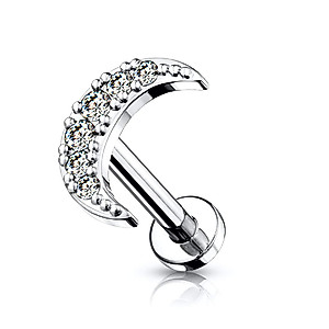 Amelia Fashion 16 Gauge CZ Paved Crescent Moon Top on Internally Threaded 316L Surgical Steel Flat Back Studs for Labret, Monroe, Cartilage and More (Clear - 16GA (1.2mm) - L. 5/16" (8mm))