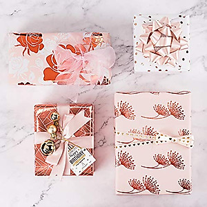 WRAPAHOLIC Wrapping Paper Roll - Rose Gold Floral, Dandelion, Lines and Polka Dots for Wedding, Birthday, Baby Shower - 4 Rolls - 30 inch X 120 inch Per Roll
