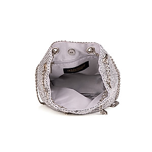 Olivia Miller Women's Fashion Round Pouch Evening Bag Silver Elegant Formal Crossbody Handbag Wedding Prom Party Purse w Mesh Dazzling Rhinestone