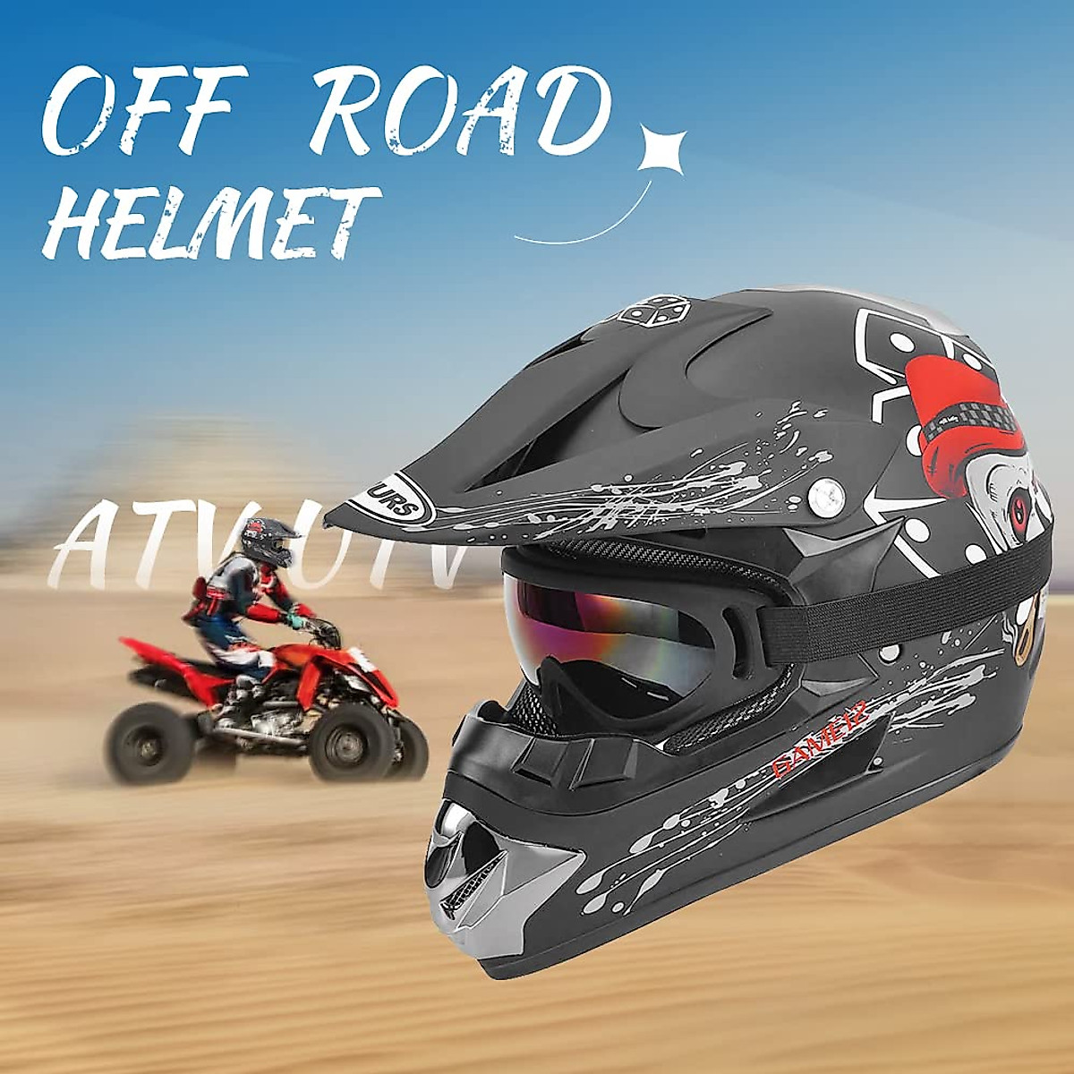 OUMURS Adult Dirt Bike Helmet with Goggles Gloves & Mask Adjustable Sun Visor DOT/FMVSS-218 Motorcycle Adult ATV Helmet Off-Road Motocross Downhill Moped MX for Unisex-Adult-New Black Skull, L