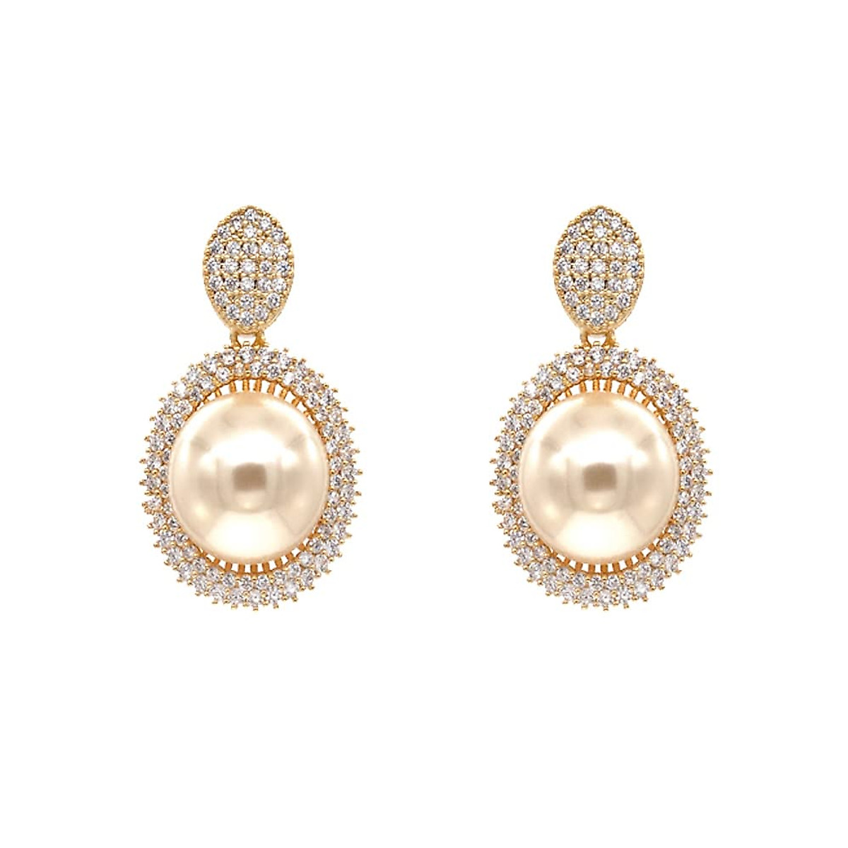 Lavencious Oval Dangle Jewelry Set Cream Color Pearl Necklace & Earrings Trendy AAA Cubic Zirconia Gold Plated For Women (Gold)