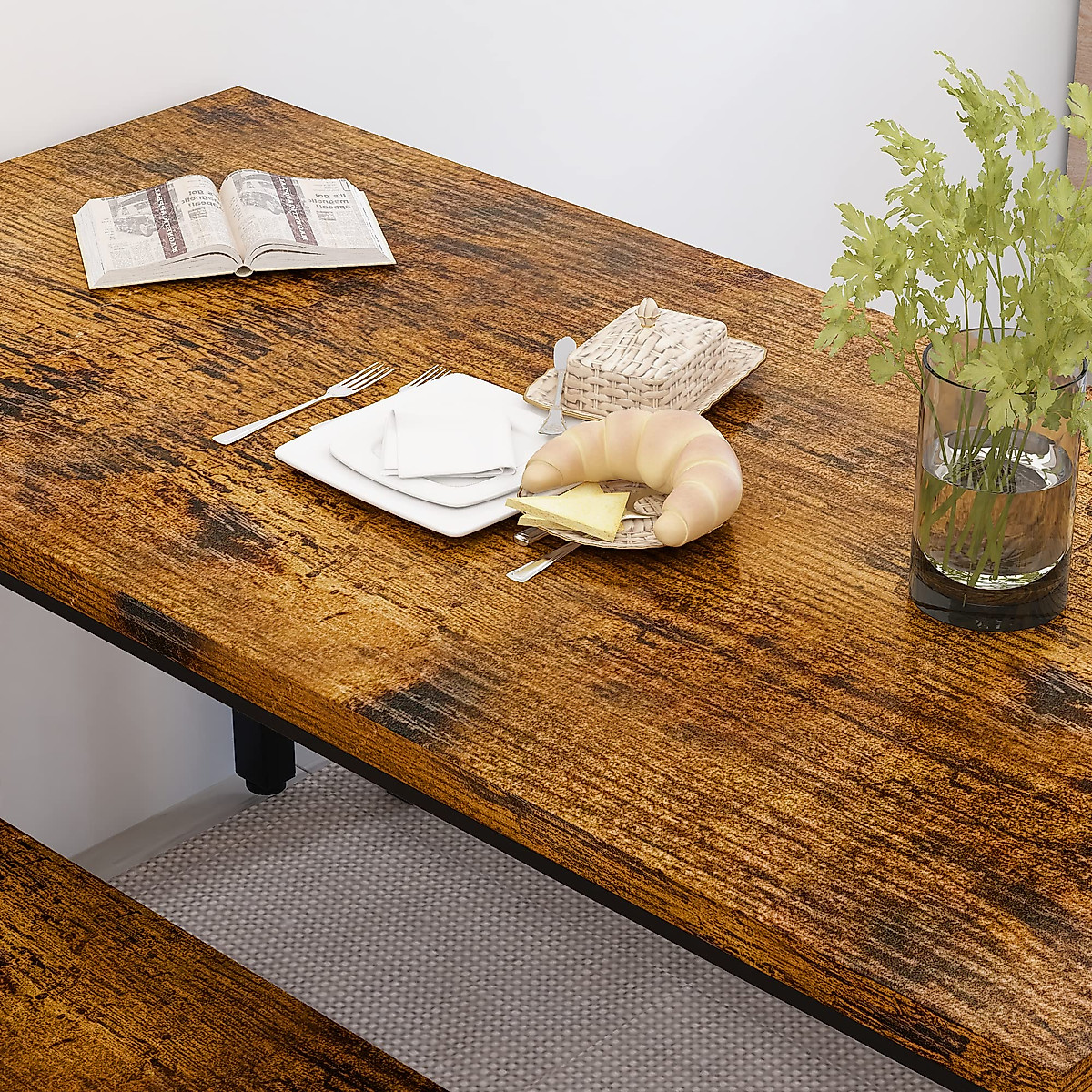 Recaceik Dining Table Set for 4 Kitchen Table Set with 2 Dining Benches, 3 Piece Farmhouse Dining Room Table Set Industrial Breakfast Nook Table Set for Small Space, Apartment, Rustic Brown