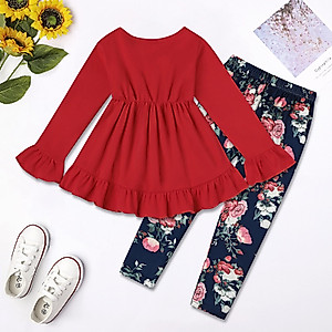 Yoxindax Toddler Kid Girl Clothes Bell sleeves Ruffle High Low Bowknot Solid Top Floral Print Leggings Fall Winter Outfit Set(5-6t)