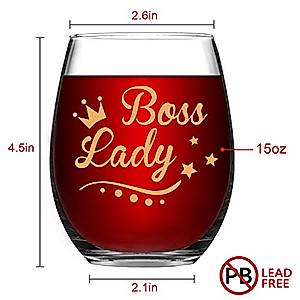 Modwnfy Boss Gifts for Women, Boss Lady Stemless Wine Glass, Boss Female Wine Glass for Boss Lady Women Her Mother Wife Sister Friend, Boss Gifts on Christmas Bosses Day Birthday Farewell, 15 Oz