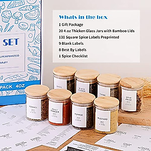 Glass Spice Jars with Bamboo Lids - 20 Pcs Thicken(2.4mm) 4oz Airtight Seasoning Containers with 131 Waterproof Minimalist Spice labels Preprinted - Small herb Jars for Pantry Organization and Storage