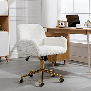 Modern Swivel Home Office Chair,Artificial Rabbit Hair Computer Chair Desk Chair Ergonomic Office Chair Adjustable Office Desk Chair with Golden Base & Wheels Vanity Chair for Home Office (Beige)