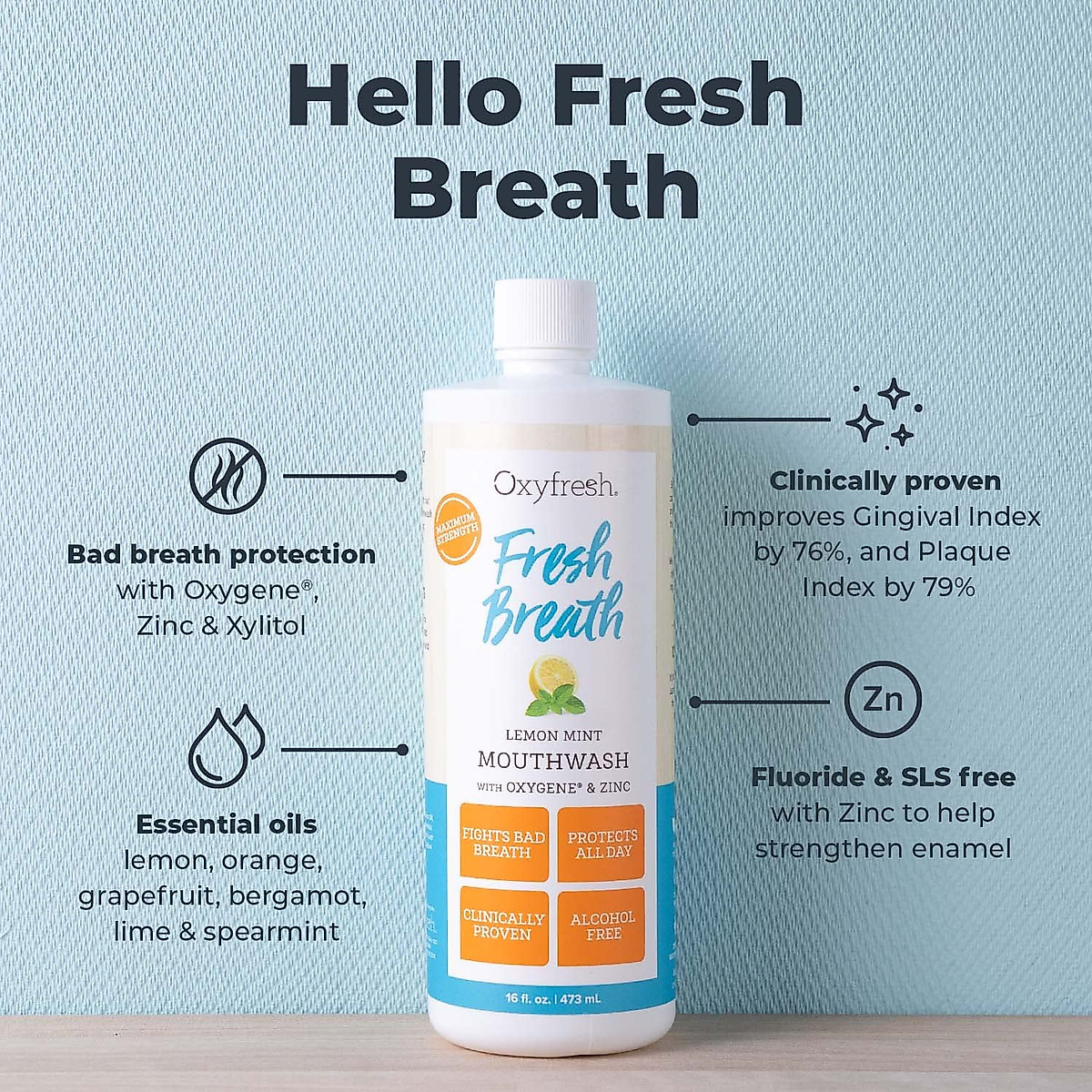 Premium Oxyfresh Lemon Mint Fresh Breath Mouthwash – Oral Rinse for Bad Breath – SLS & Fluoride Free Mouthwash – Alcohol Free, Gentle Non Burning Mouthwash with Xylitol & Essential Oils, 16 oz