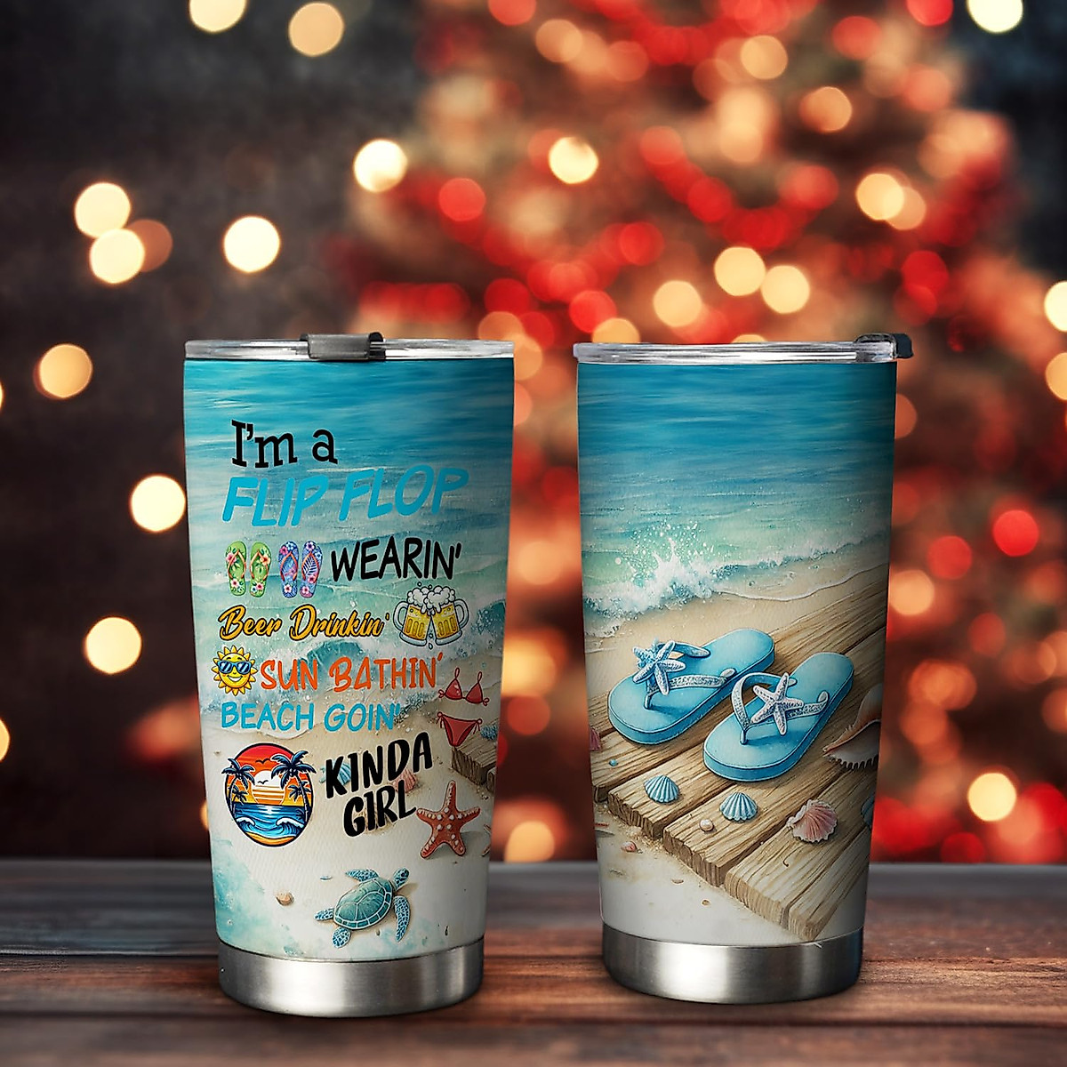 20oz Flip Flop Tumbler, Summer Sea, Ocean, Beach Gifts, Coffee Thermos for Women, Stainless Steel Double Wall Vacuum Insulated Coffee Mug, Travel Cup with Lid