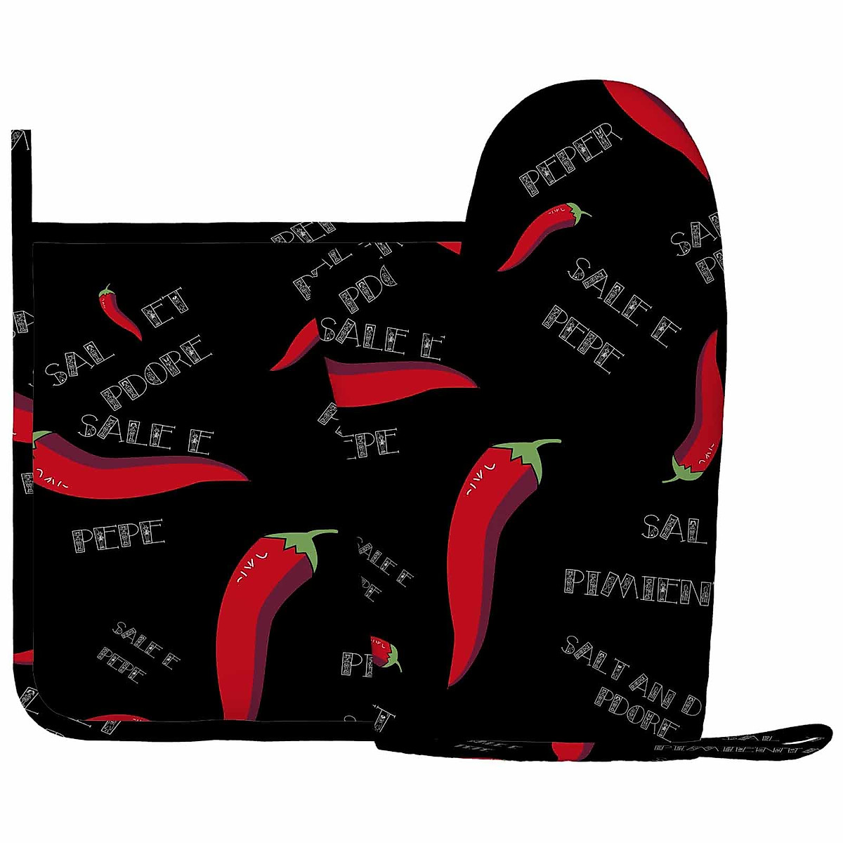 Mxocom Spicy Red Chili Peppers Heat-Resistant Oven Mitts and Pot Holder Hottest Bird's Eye Chili Black Background Kitchen Non-Slip Cooking Microwave Gloves for Cooking Baking Grilling