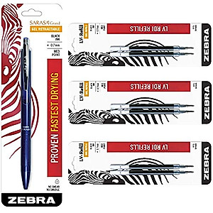 Zebra Sarasa Grand, Retractable Gel Ink Pen, Navy Barrel, Medium Point, 0.7mm, Black Ink, 1-Count Bundle with 6 Refills