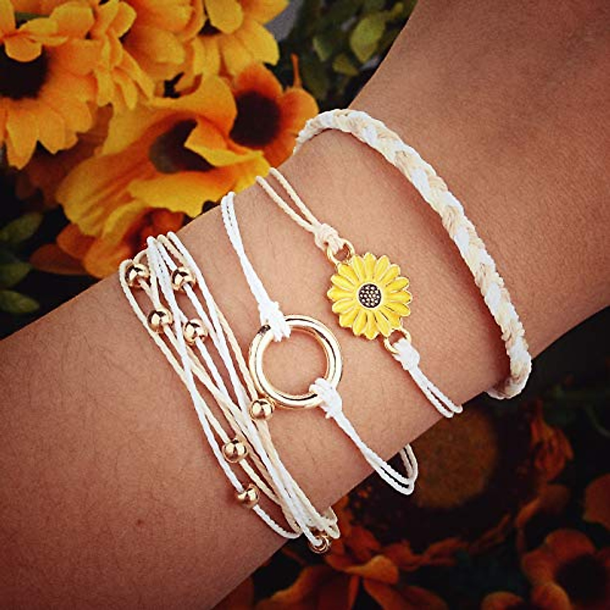 FANCY SHINY Sunflower String Bracelet Handmade Braided Rope Charms Boho Surfer Bracelet for Teen Girls Women(Wheat)