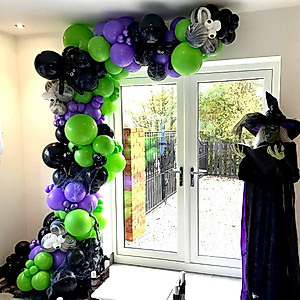Halloween Balloon Arch Kit, Purple and Black Balloon Halloween Balloon Garland with Ghost Spider Foil Balloons, Black Eye Print Latex Balloons Green Balloons for Halloween Party Decorations Supplies