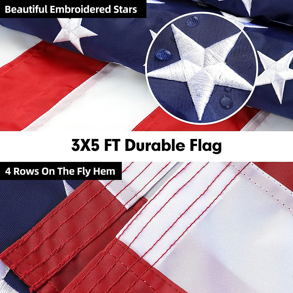 American Flag and Flag Pole for House Outside, 5ft Heavy Duty Flag Pole Kit with 3x5 Embroidered USA Flag, Tangle Free Steel Black Flag Pole with Bracket for Residential, Commercial, Outdoors Garden