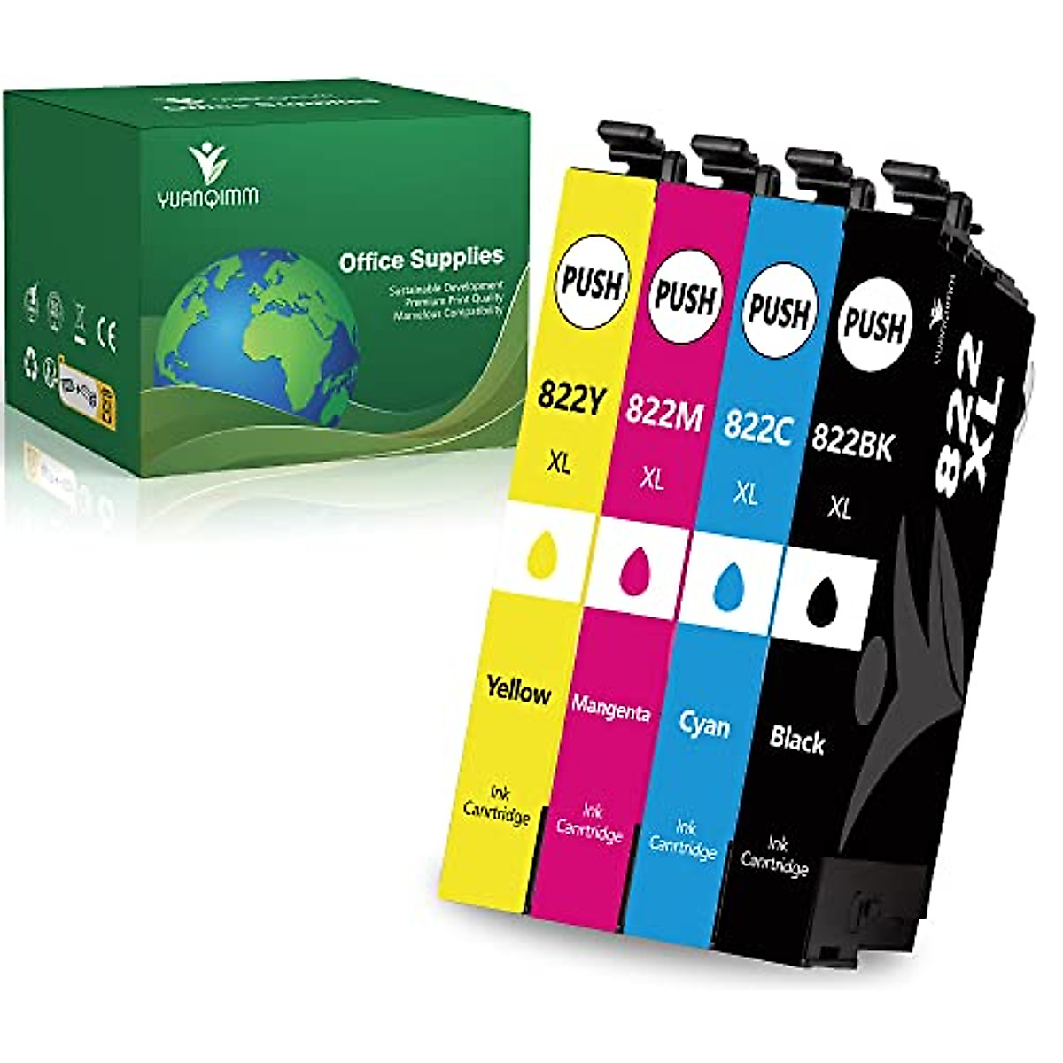 YUANQIMM 822XL Ink Cartridges Remanufactured Replacement for Epson 822 Ink Cartridges Combo Pack 822XL T822 XL for Epson Workforce Pro WF-4820 Ink Cartridges WF-3820 WF-4830 WF-4833 WF-4834 (4-Pack)