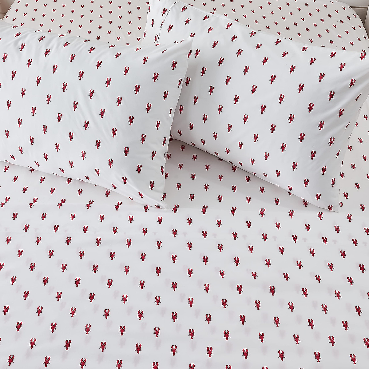 Great Bay Home 4-Piece King Coastal Microfiber Sheet Set | Nautical-Printed, Ultra-Soft Sheets | Wrinkle & Fade Resistant Beach-Themed Prints & Patterns Bedding Sheets & Pillowcases. (King, Lobster)