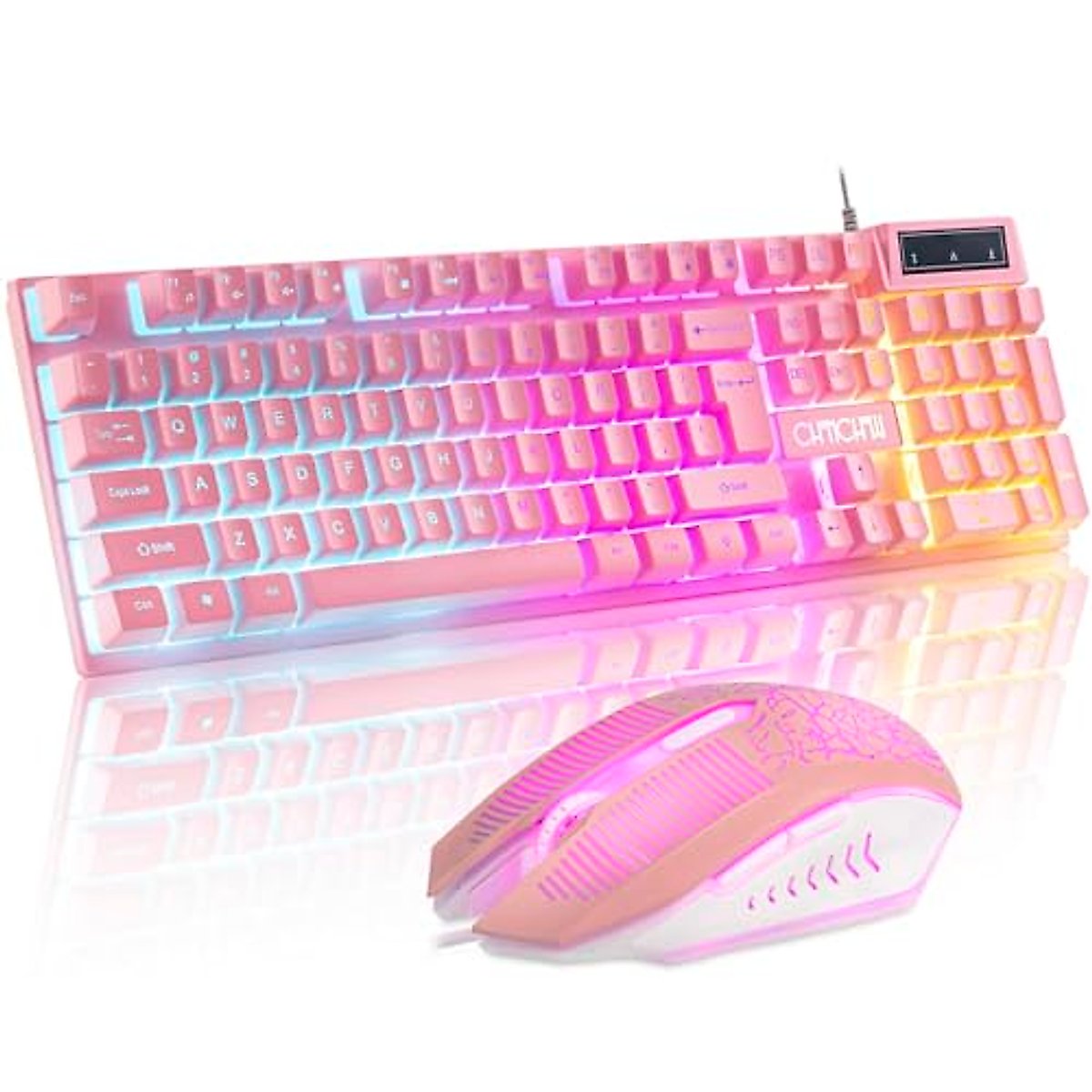 CHONCHOW Pink Keyboard and Mouse Combo with Backlit, Function Keys, 19 Keys Anti-ghosting for Gamer on PC Laptop Computer Mac PS4 Xbox, Cute Wired Light Up Gaming Keyboard & RGB Mouse for Girl Women