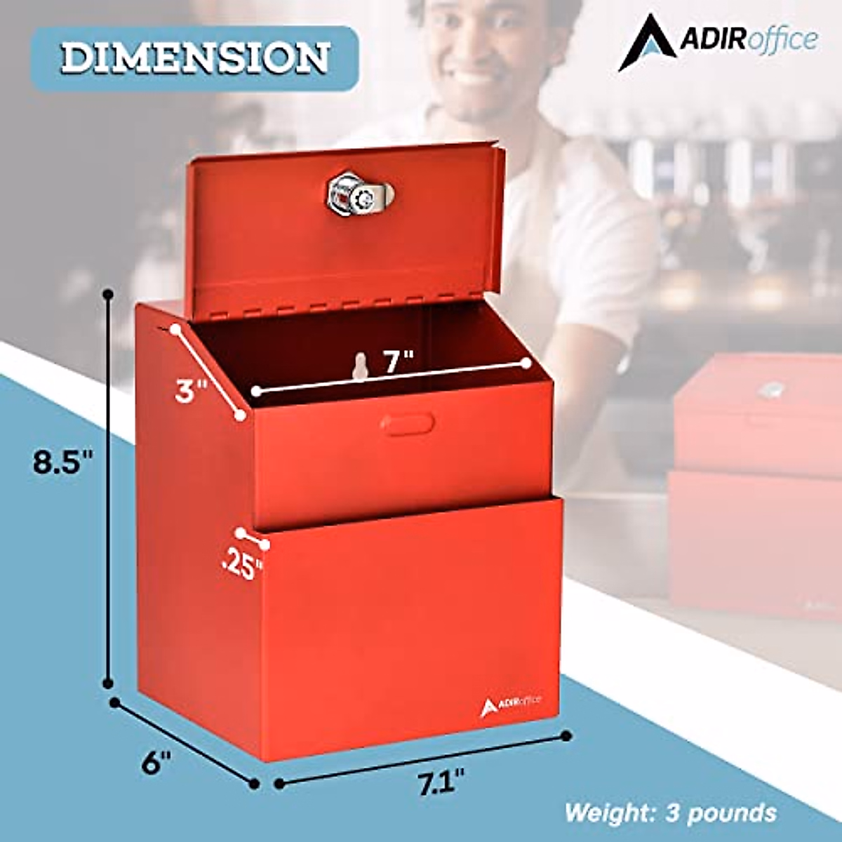 Adir Wall Mountable Steel Suggestion Box with Lock - Donation Box - Collection Box - Ballot Box - Key Drop Box - Safe Storage Box with 25 Suggestion Cards (Red)