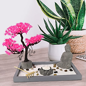 Japanese Zen Garden Lotus Candle Holder - Mini Pink Bonsai Garden with Buddha Statue or Relaxation and Meditation - Perfect Home Desk Decor and Gift Set - Gray, 8.75" x 12.5" x 9"