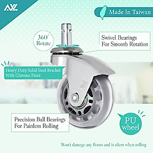 Office Chair Caster Wheels 2.5 Inch, Roller Blade Wheels Replacement Rubber Chair Casters for Hardwood Floors and Carpet, Set of 5 (Chrome Bracket/Grey/Clear)