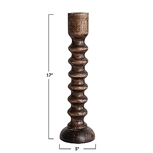 Creative Co-Op Hand Carved Wood, Brown Taper Candle Holder, Black