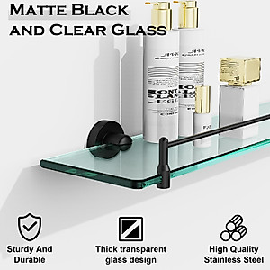 KOCOK Glass Bathroom Shelf for Wall,24-Inch Black Floating Glass Shelves for Bathroom Modern Stainless Steel Tempered Glass Shelf Wall Mount Accessories(Matte Black)