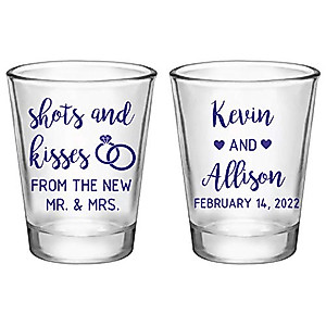 1.75oz Personalized Glass Shot Glass Favors "shots and kisses" use for Wedding, Engagement, After Party, Bridal Shower or your Rehearsal Dinner !