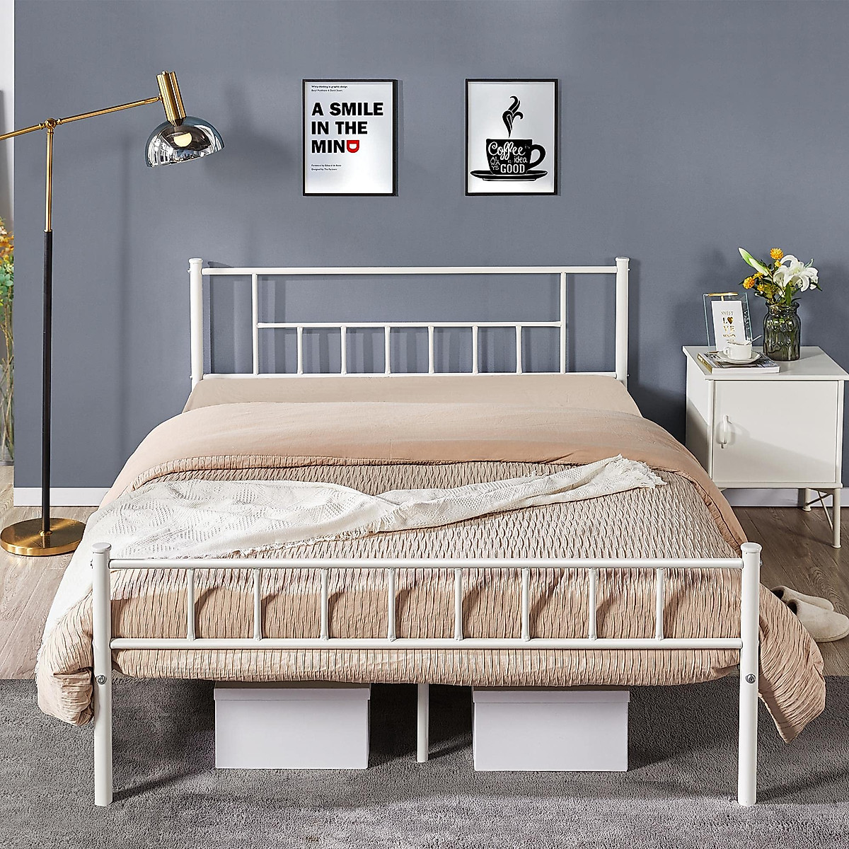 Yaheetech 13 inch Twin Size Metal Bed Frame with Headboard and Footboard Platform Bed Frame with Storage No Box Spring Needed Mattress Foundation Black