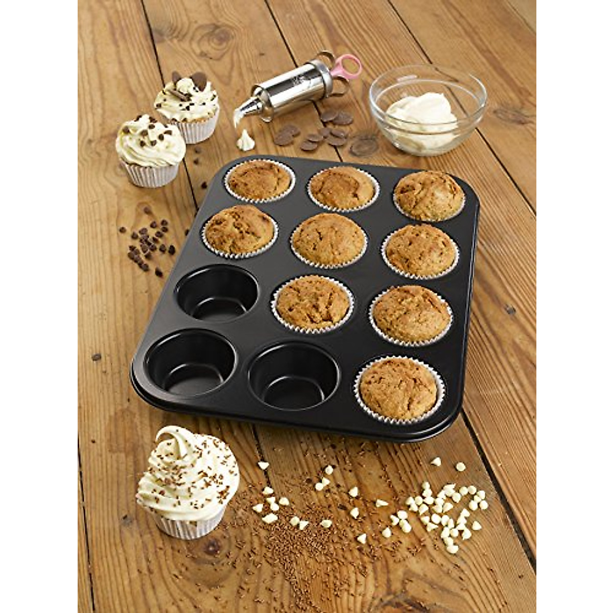 Tala Performance, 12 Cup Mini Bun Tin, Professional Gauge Carbon Steel with Whitford Eclipse Non-Stick Coating, Cupcake Pan and Tray