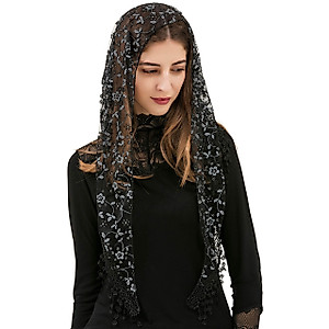 PAMOR Triangle Lace Veil Mantilla Cathedral Head Covering Chapel Veil for Mass Wedding Bridesmaids (Black)