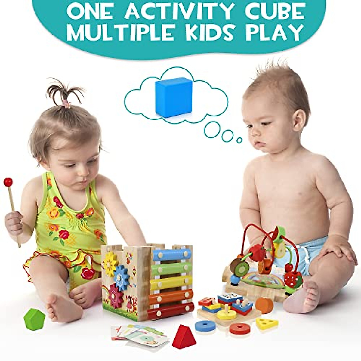 HELLOWOOD Wooden Activity Cube, 8-in-1 Montessori Toys Gift Set for 12+ Months Boys & Girls, Educational Learning Toys for Toddlers Age 1-2, One Year Old Baby Birthday Gifts, Bonus Sort & Stack Board