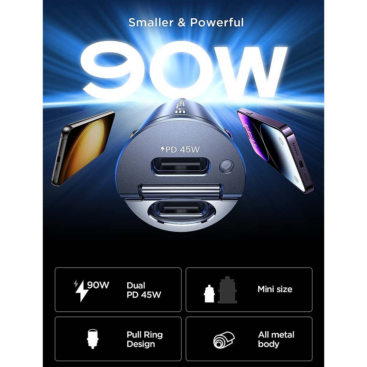 MRGLAS 90W USB C Car Charger,[Super Mini Metal] USB C Car Charger Fast Charging Adapter Dual PD Dual Port Type C Car Cigarette Lighter USB Charger Compatible iPhone 15 14 Pro Max iPad Samsung MacBook