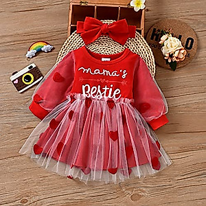 Toddler Baby Girl Valentine's Day Outfits Love Heart Print Princess Long Sleeve Ruffles Skirt Tutu Dress