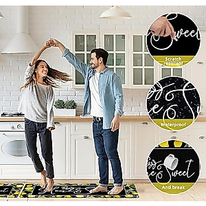 chiinvent Lemon Kitchen Rugs Anti Fatigue Kitchen Mats For Floor Black Yellow Non skid Washable kitchen Mats Set of 2 Cushioned Comfort Standing Mats for Laundry Office Sink,17.3x28 + 17.3x47 inch PVC