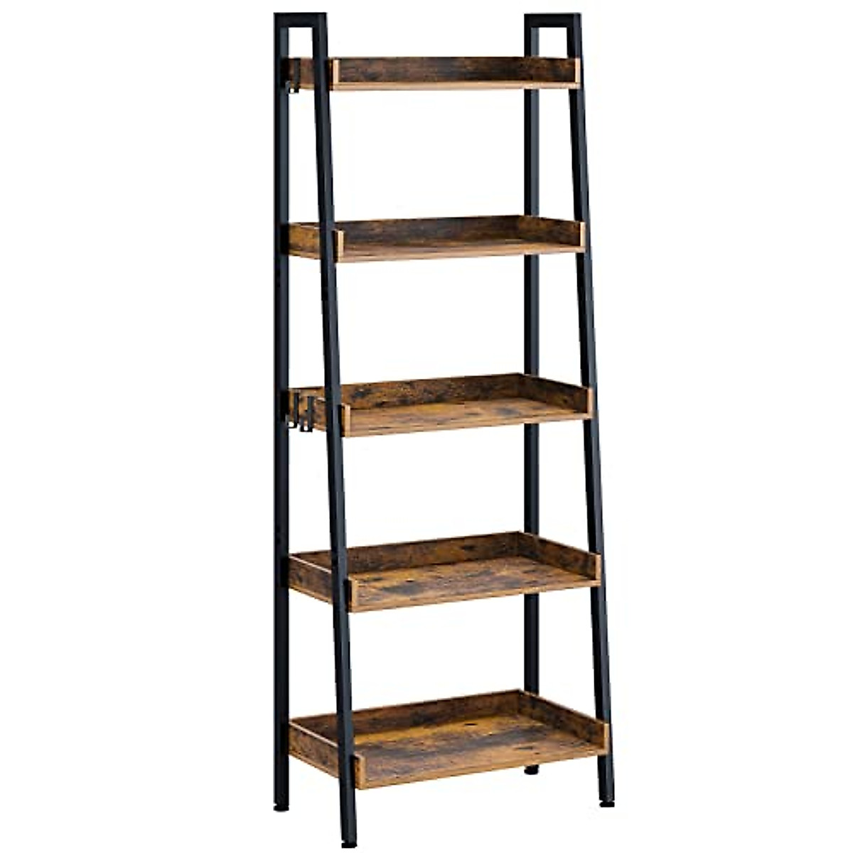 Rolanstar Bookshelf, 5 Tier Ladder Bookshelf with 3 Hooks, Industrial Bookcases, Freestanding Display Plant Shelves with Metal Frame for Living Room, Rustic Brown