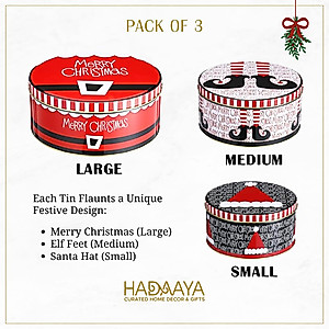 hadaaya Pack of 3 Round Metal Nesting Tins – Stackable Storage Containers with Lids for Kids' Cookies, Candy, Snacks, Crafts & Kitchen – Fun Xmas Elf Hat Design