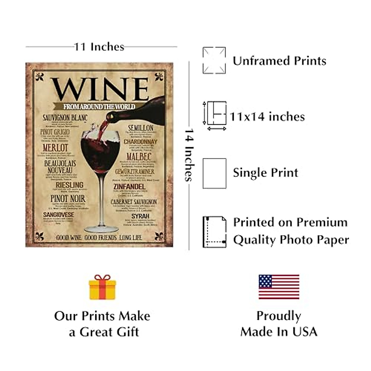 Wine From Around the World- Vintage Bar Wall Decor Sign, Typographic Wall Art Wine Glass & Bottle Photo Print. Perfect For Kitchen Decor, Dining Room Decor. Great Gift for Wine Lovers! Unframed-11x14"