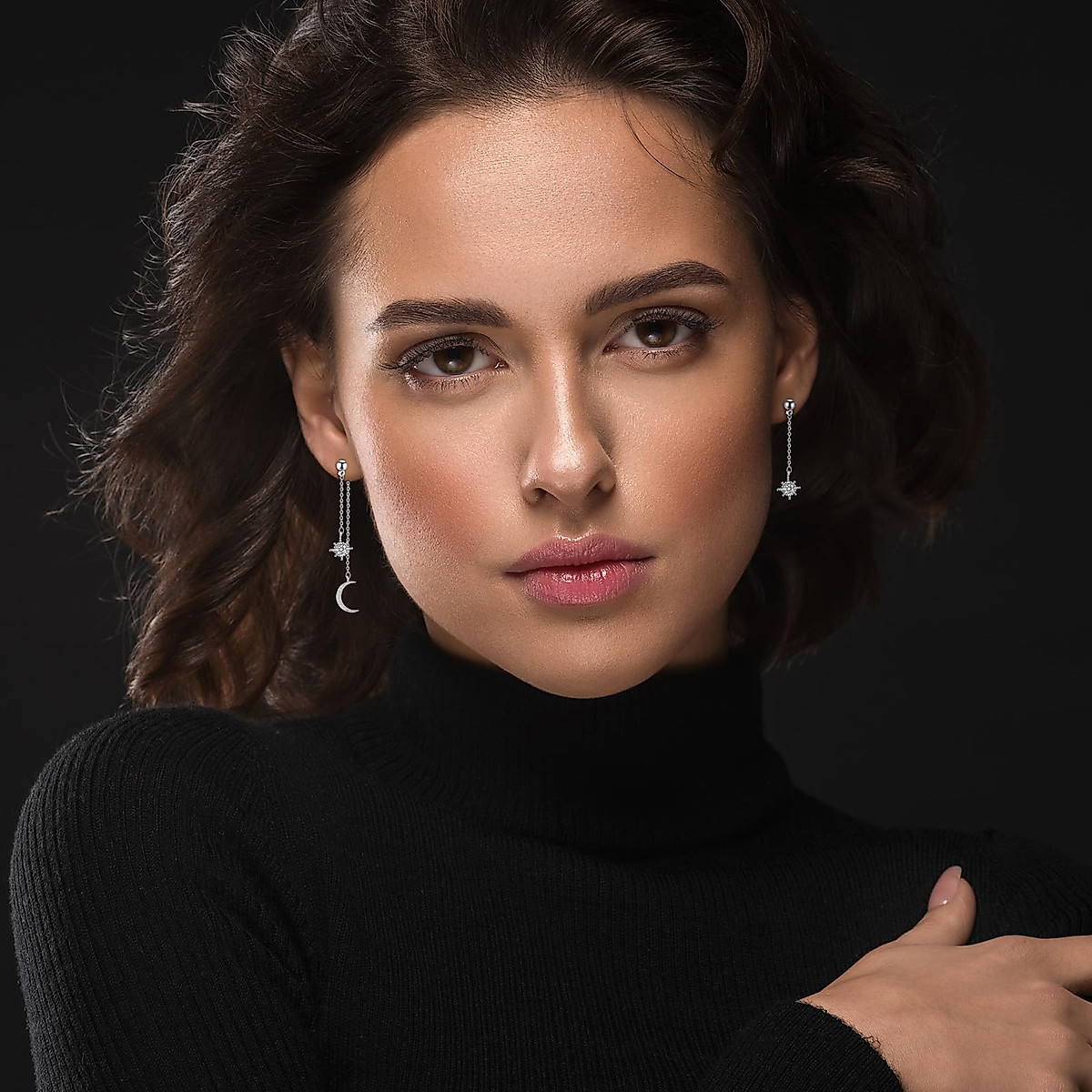 925 Sterling Silver Moon Star Earrings for Women Crescent Dangle with Cubic Zirconia Celestial Jewelry for Wedding